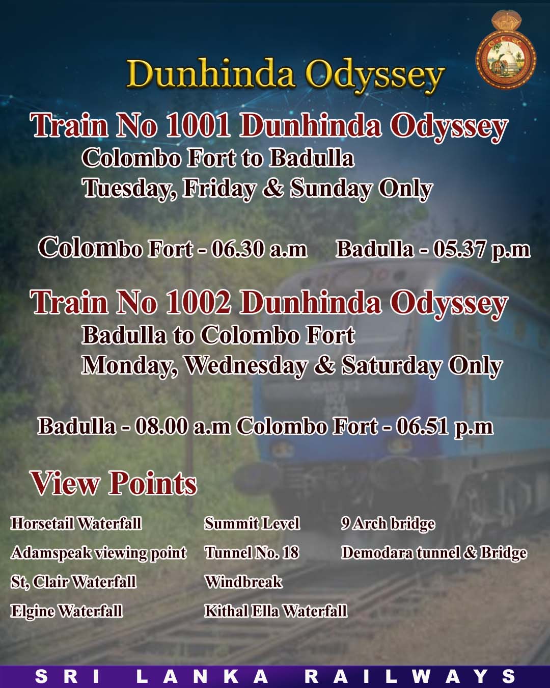 Dunhinda Odyssey Train (Colombo - Badulla) - Train Timetable